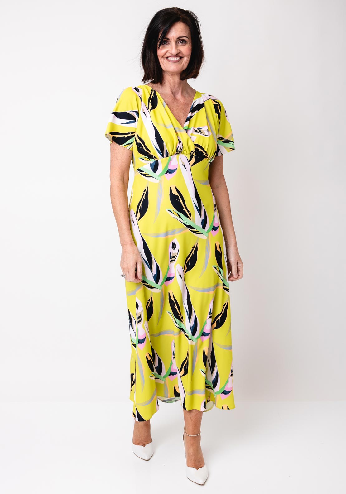 Allison Floral Print V Neck A-line Dress, Lime Green - McElhinneys
