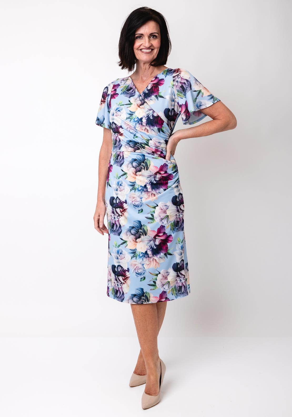 Allison Floral Ruched Pencil Dress, Blue - McElhinneys