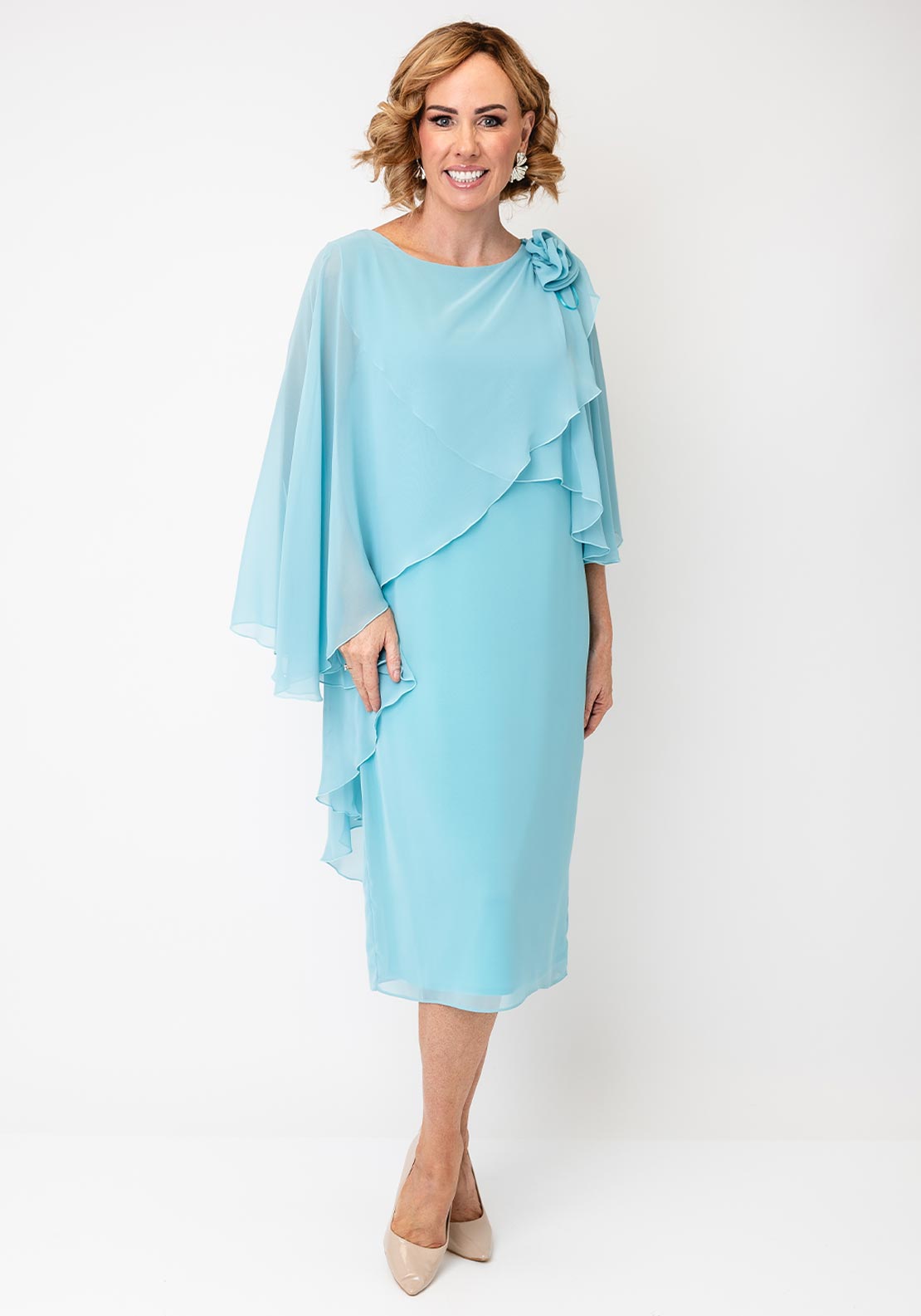 Allison Chiffon Cape Pencil Midi Dress, Blue - McElhinneys
