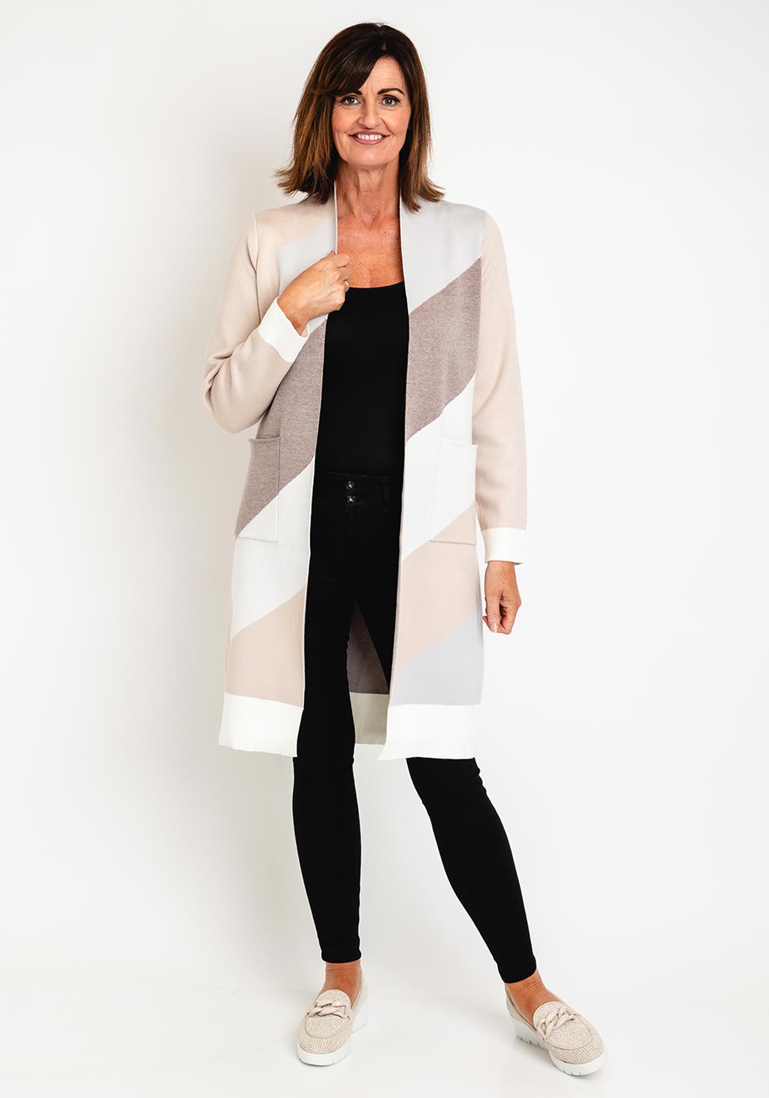 Natalia Collection Long Open Knit Cardigan, Cream Brown - McElhinneys