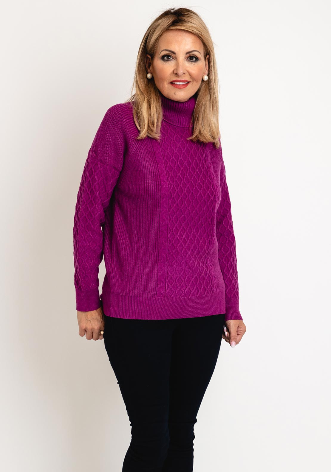 Natalia Collection High Neck Cable Knit Sweater, Magenta - McElhinneys