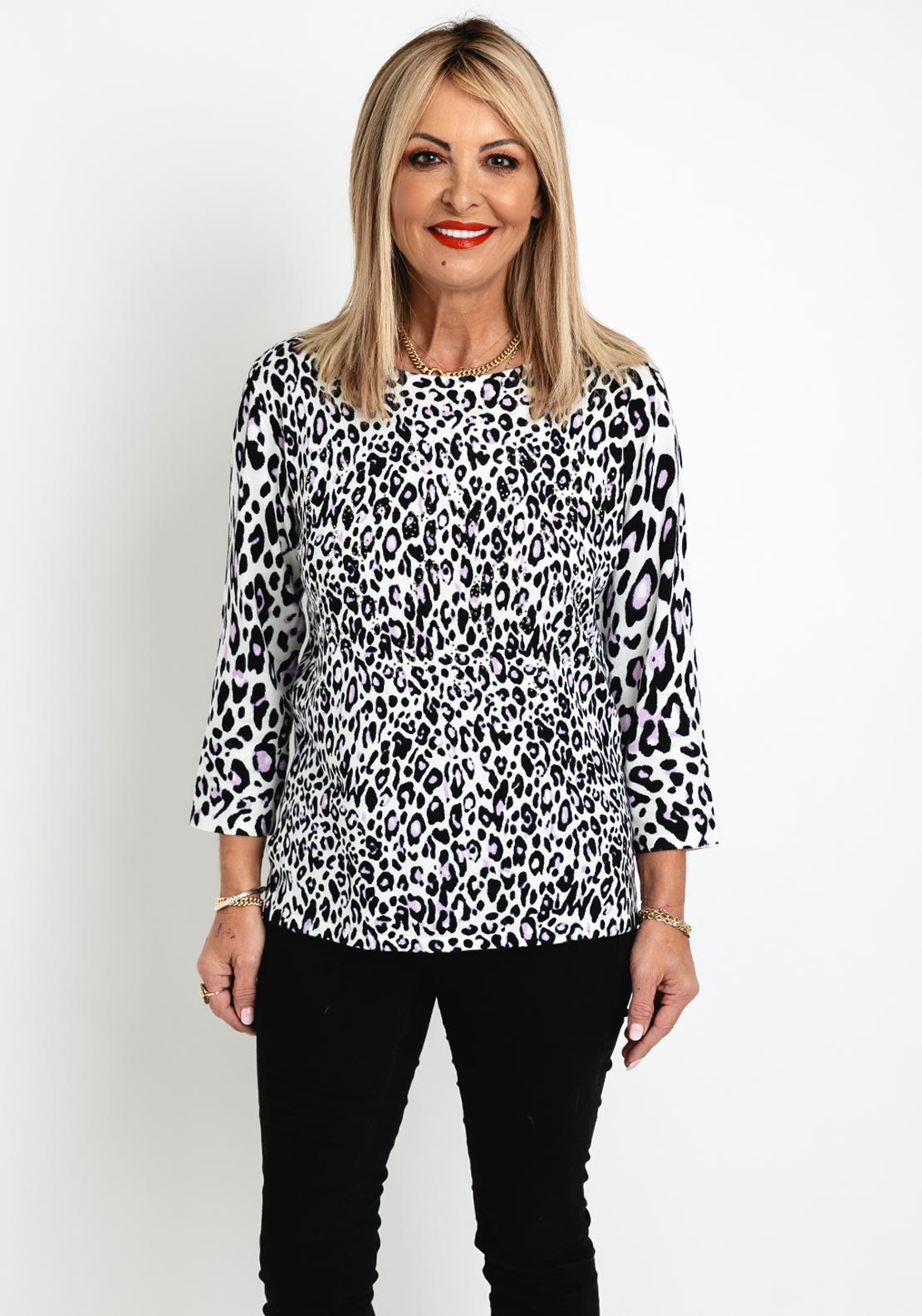 Natalia Collection Leopard Print Rhinestone Sweater, Multi - McElhinneys