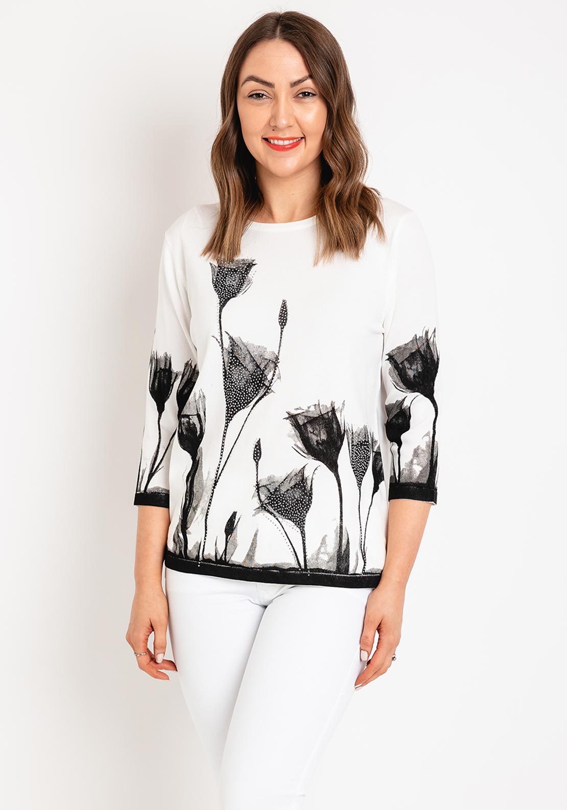Natalia Collection Rhinestone Floral Sweater, Black - McElhinneys