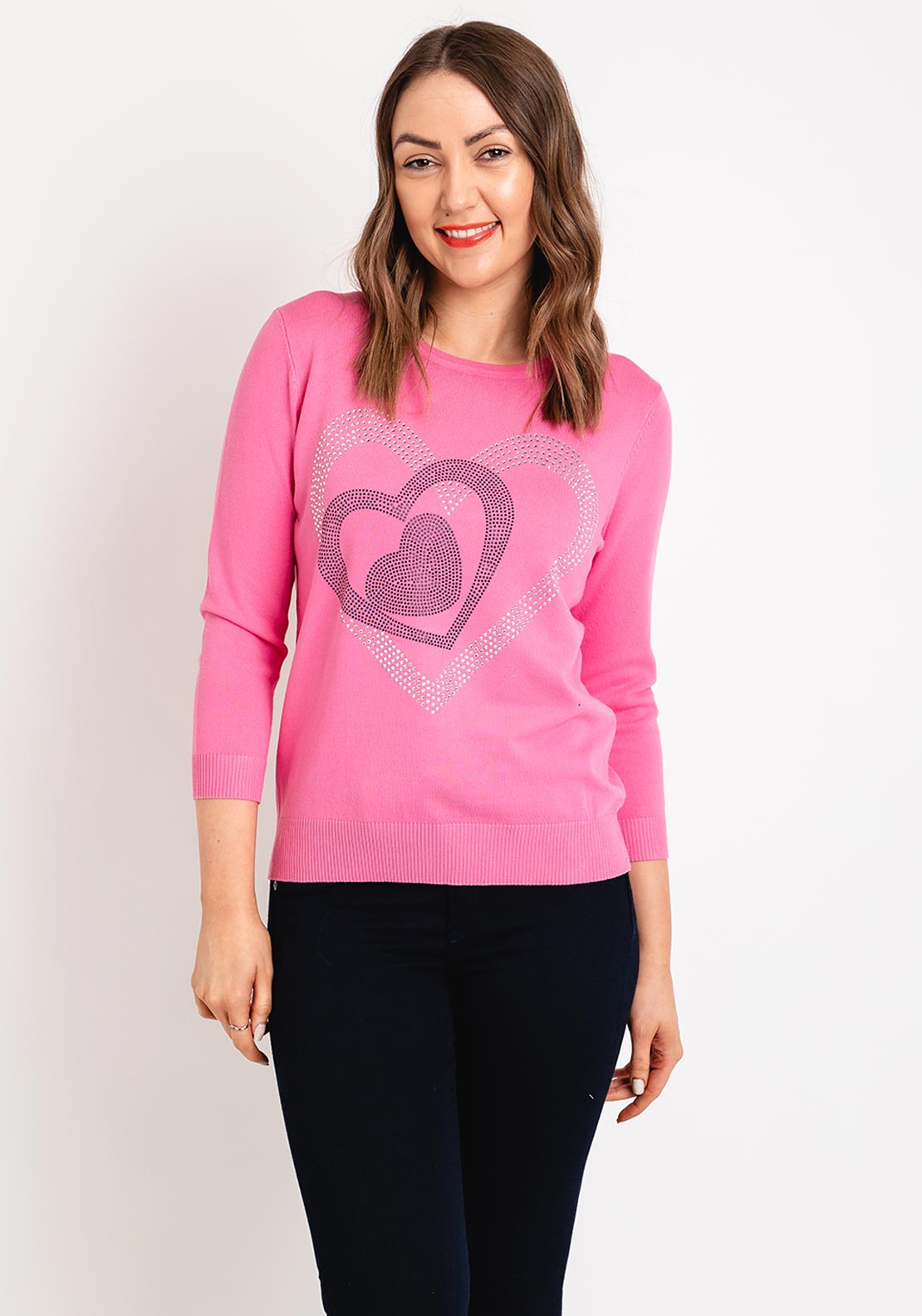 Natalia Collection Rhinestone Heart Sweater, Pink - McElhinneys