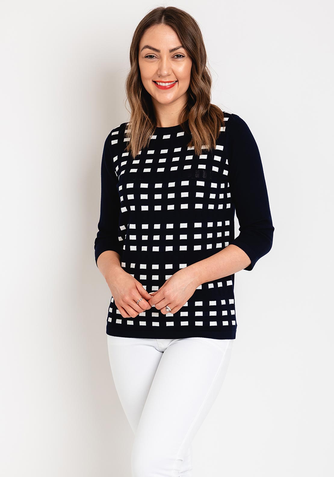Natalia Collection Round Neck Print Sweater, Navy & White - McElhinneys