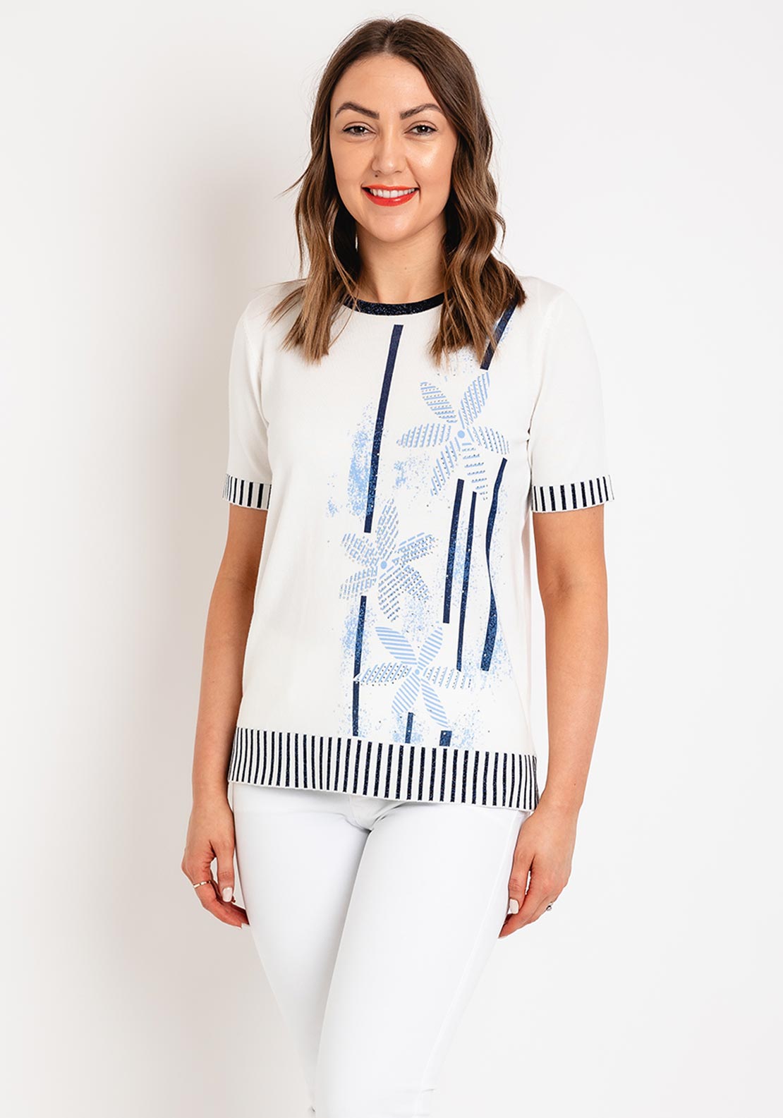 Natalia Collection Rhinestone Floral Print Sweater, Ivory - McElhinneys