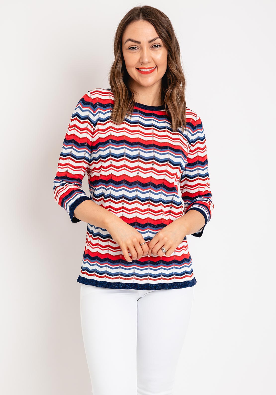 Natalia Collection Zig Zag Sweater, Coral - McElhinneys
