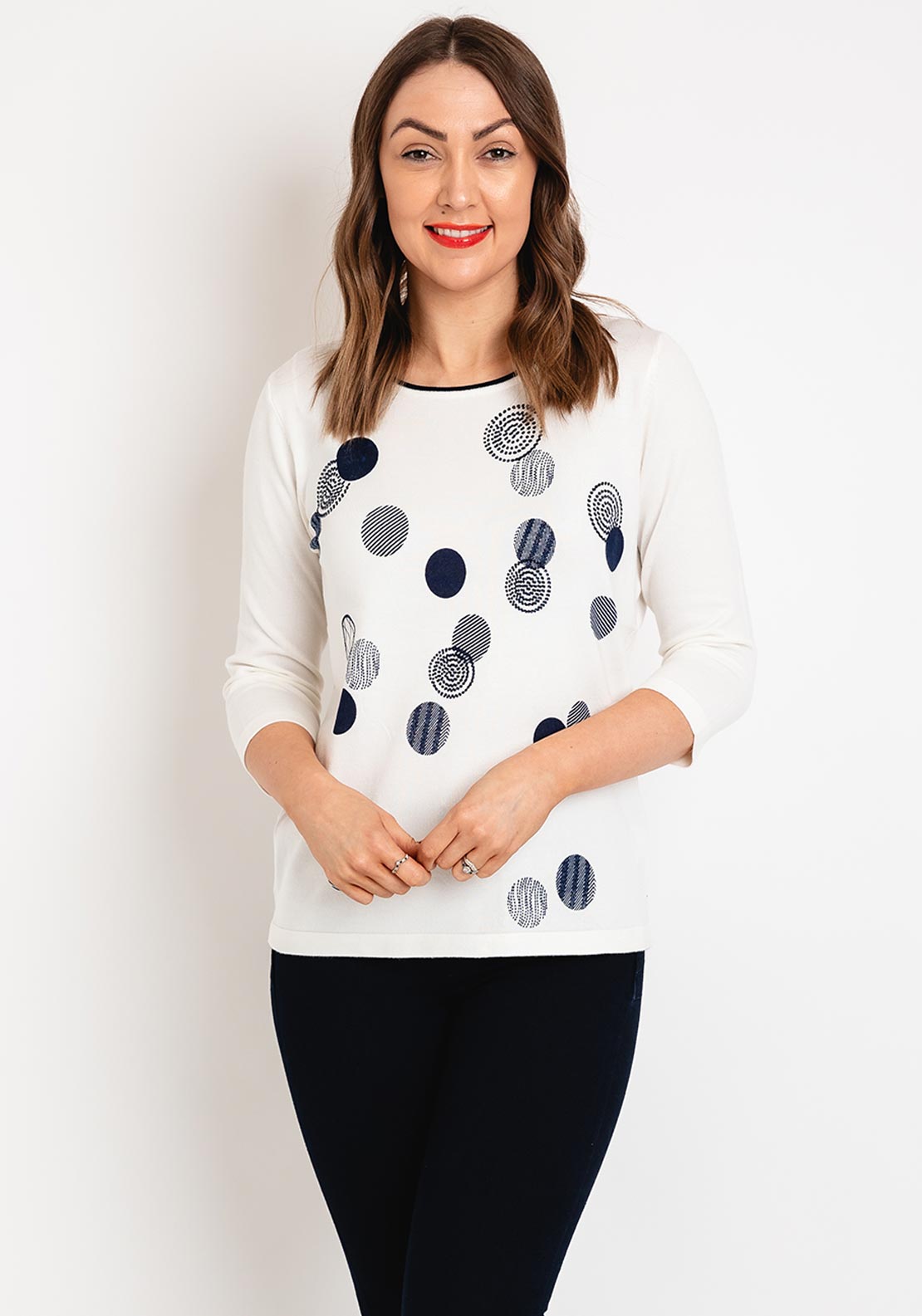 Natalia Collection Rhinestone Circle Print Sweater, Ivory - McElhinneys