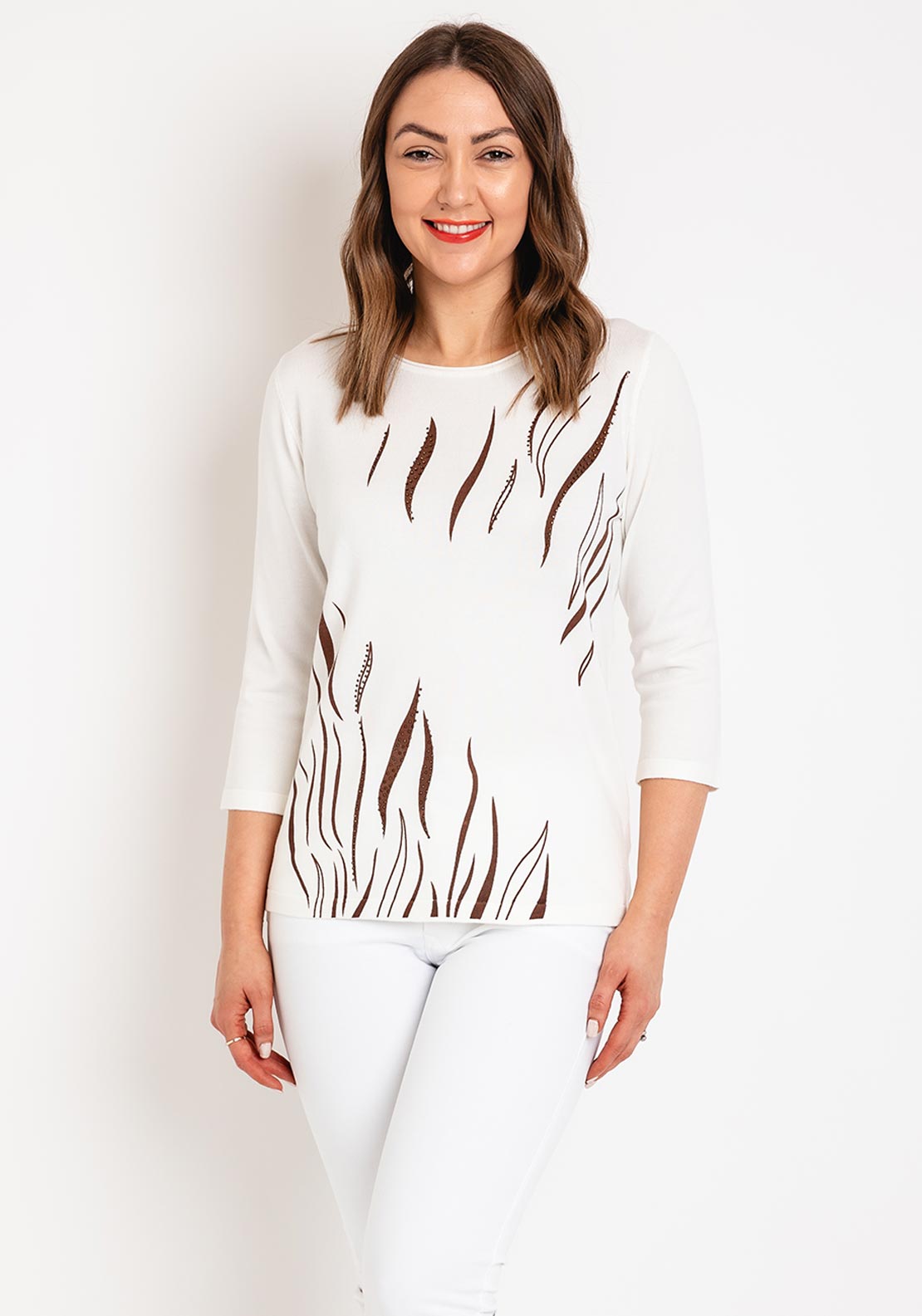 Natalia Collection Rhinestone Print Sweater, Ivory - McElhinneys