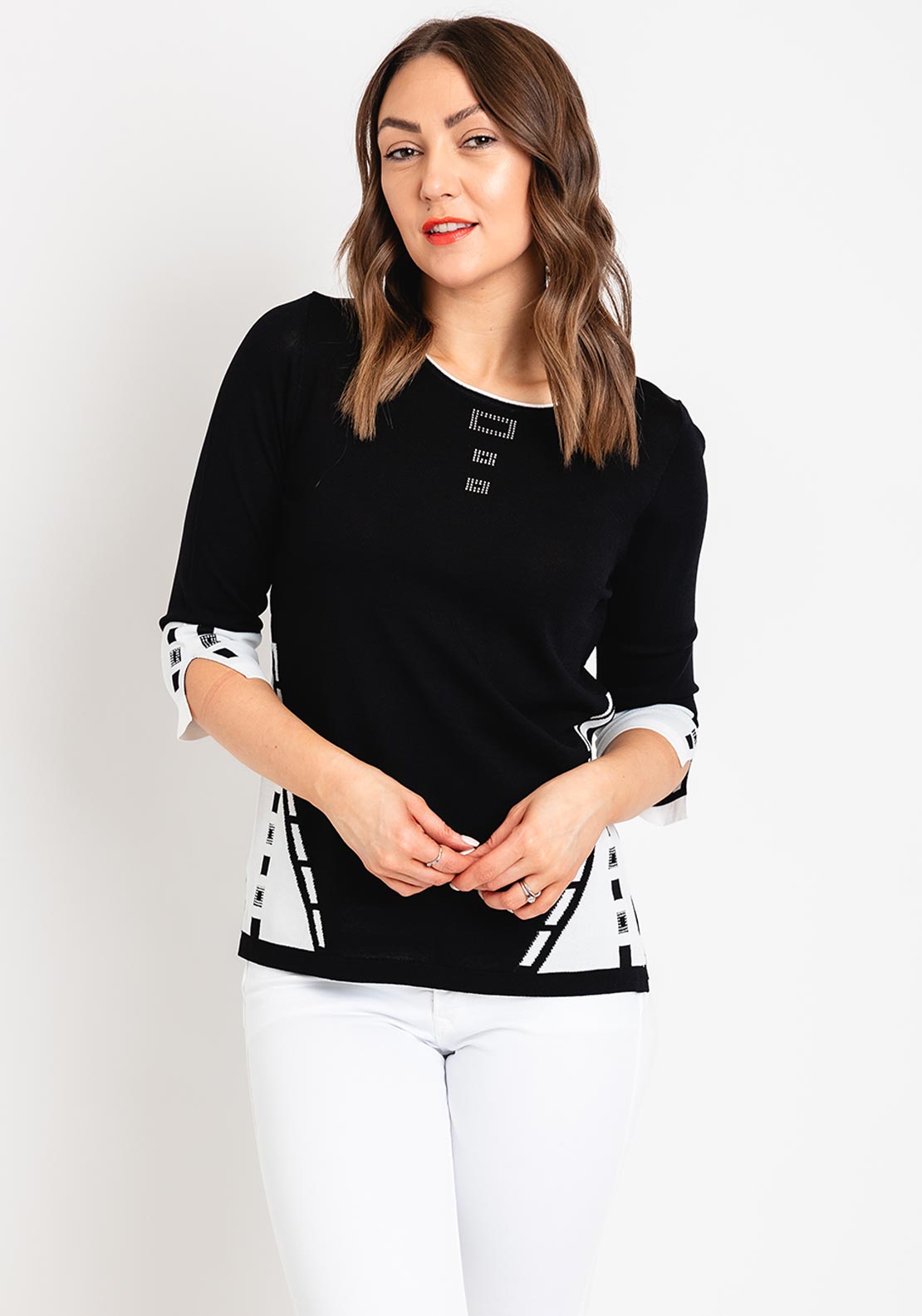 Natalia Collection Rhinestone Detail Sweater, Black - McElhinneys