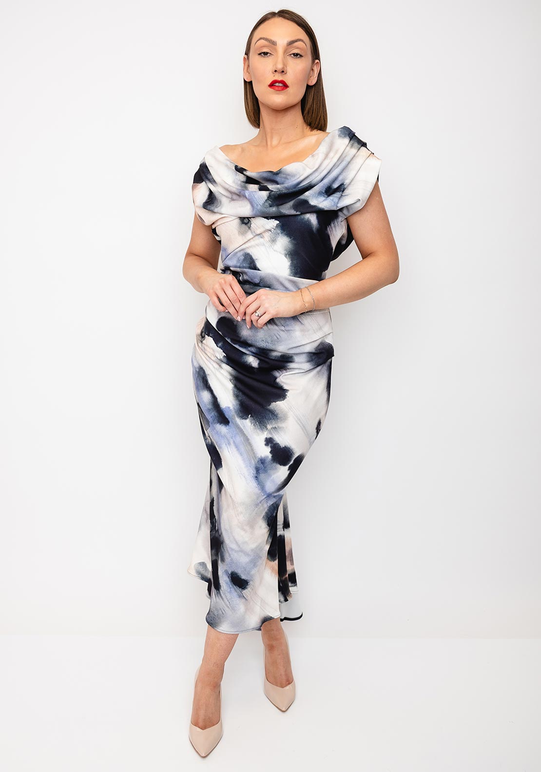 Atom Label Mercury One-Shoulder Midi Dress, Abstract Print - McElhinneys