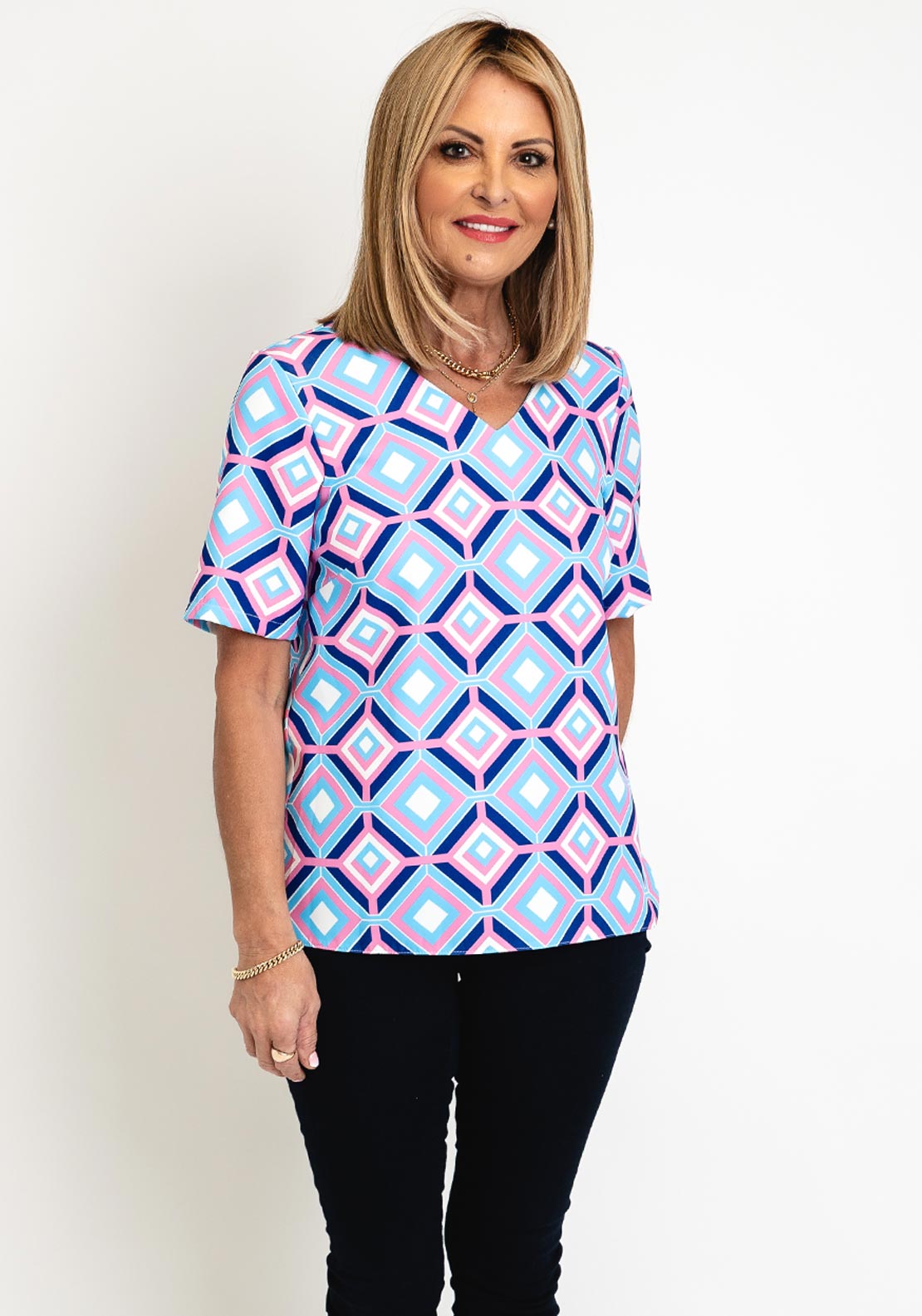 Avalon Geo Print V-Neck Top, Pink & Blue - McElhinneys