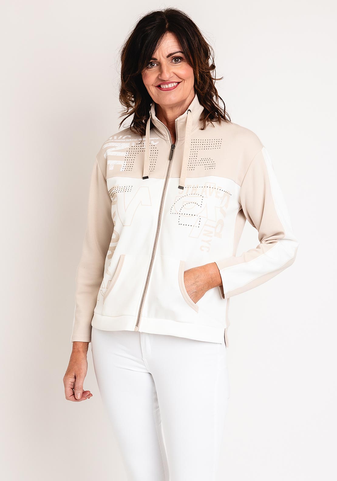 Barbara Lebek Print Rhinestone Full Zip Sweatshirt, Beige - McElhinneys