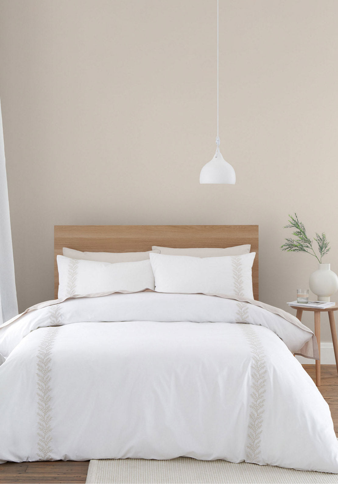 Bianca Embroidery Leaf Duvet Cover Set, White and Beige - McElhinneys
