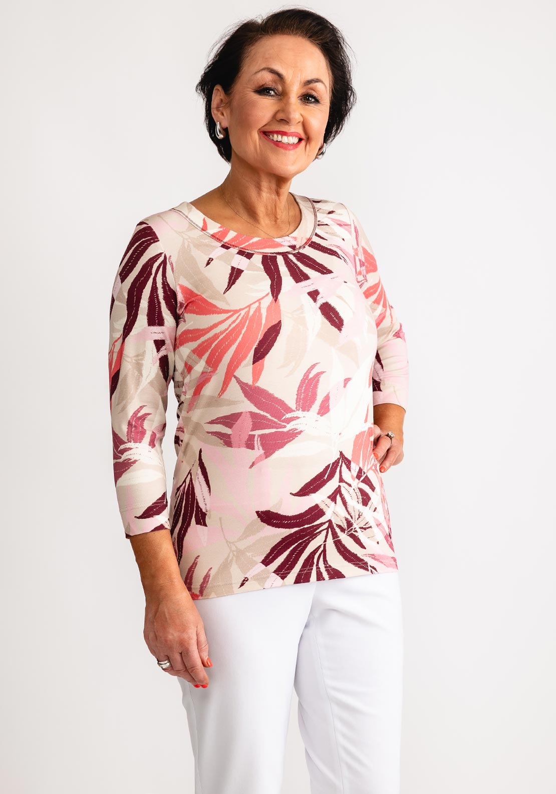 Bianca Dini Leaf Print Top, Beige Multi - McElhinneys