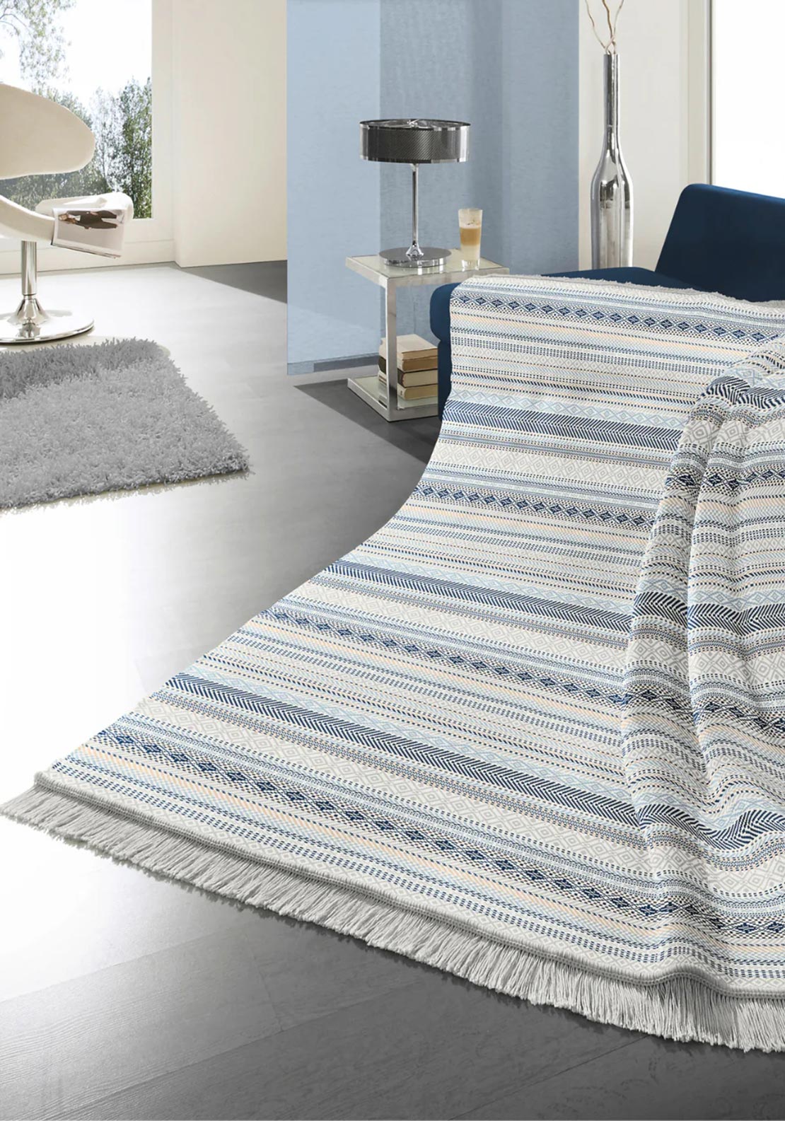 Biederlack Kian Stripe 140x180cm Throw, Blue - McElhinneys