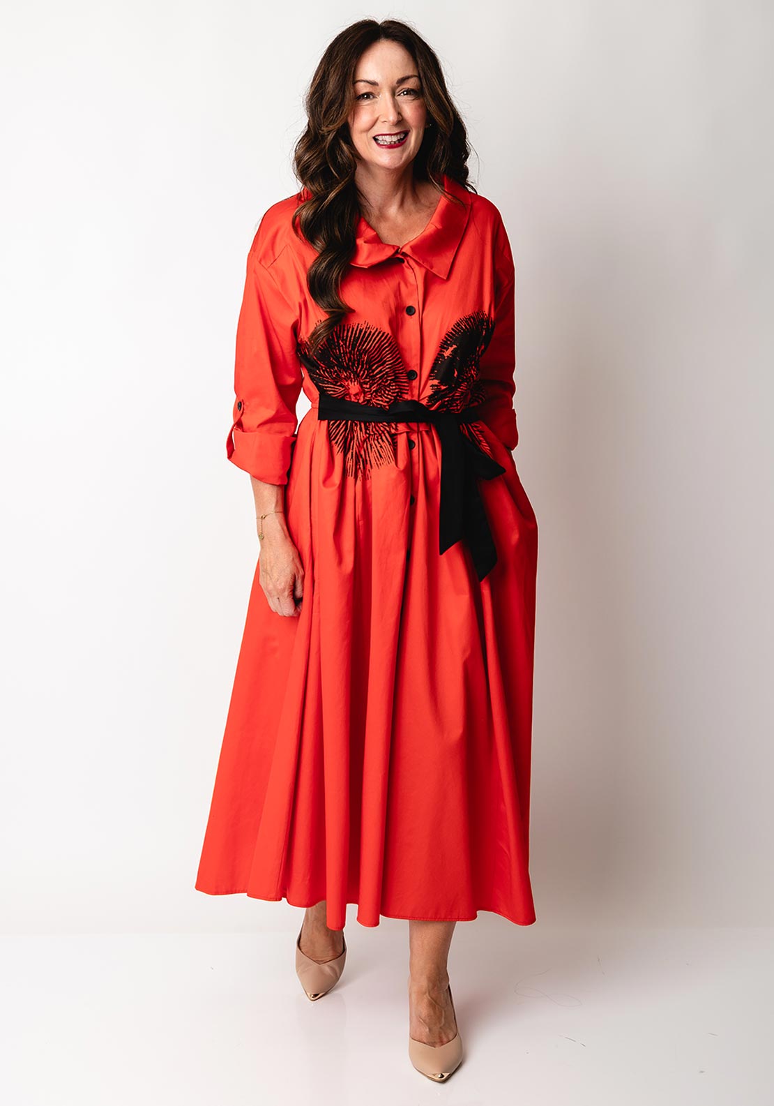 Bize Cotton Button Down Midi Dress, Red - McElhinneys