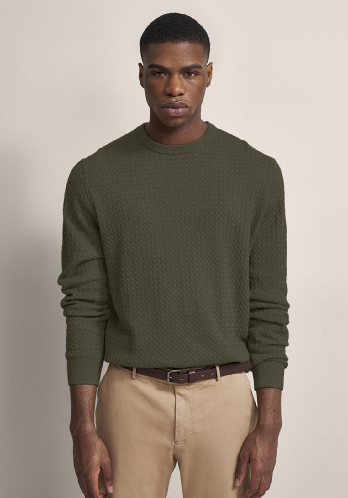 Bugatti Round Neck Knit Sweater, Khaki - McElhinneys
