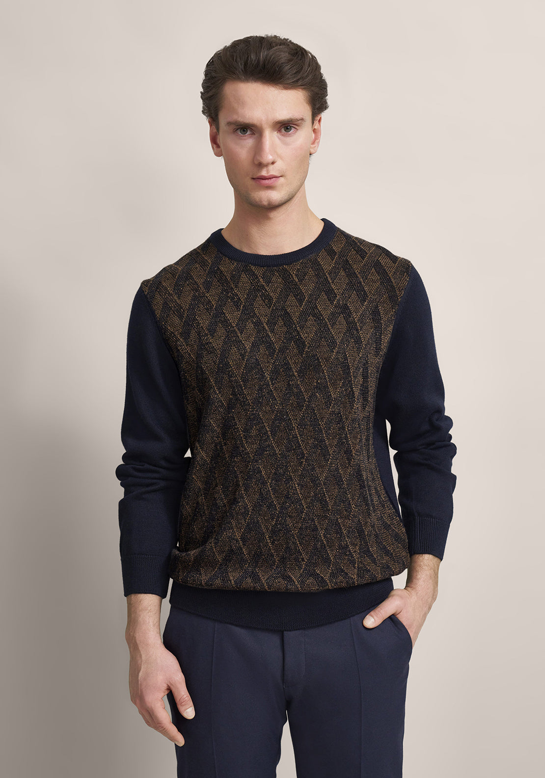 Bugatti Two Tone O Neck Knit Sweater, Navy & Brown - McElhinneys