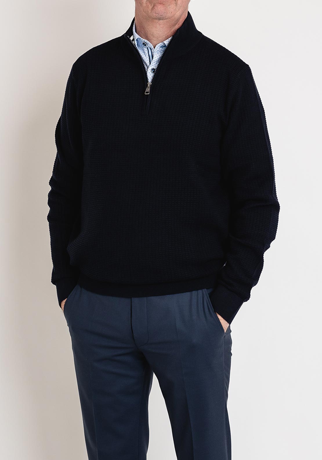 Bugatti Quarter Zip Waffle Knit Sweater, Navy - McElhinneys