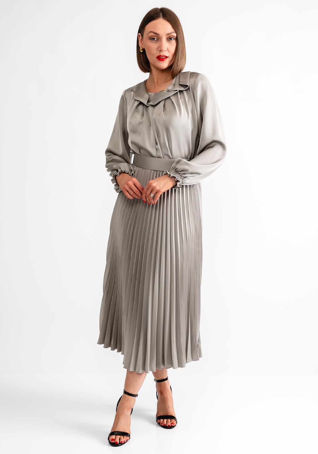 Camelot Satin Pleated Maxi Dress, Silver - McElhinneys