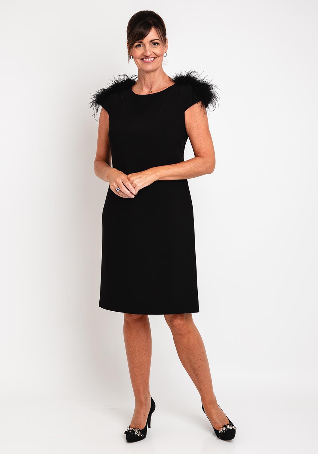 Camelot Feather Trim Shoulder Knee Length Dress, Black - McElhinneys