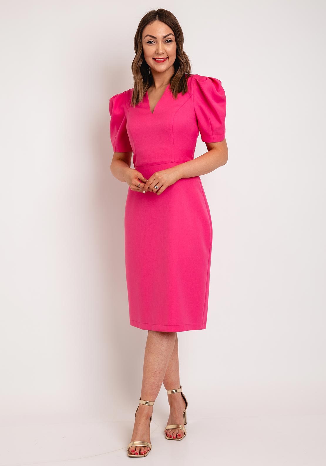 Camelot V-Neck Puff Sleeve Knee Length Dress, Pink - McElhinneys
