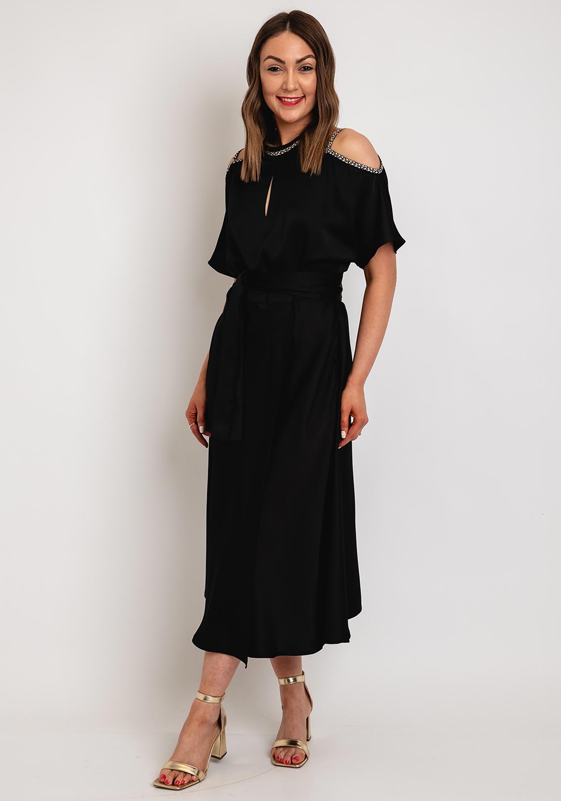 Camelot Cold Shoulder Satin Touch Midi Dress, Black - McElhinneys