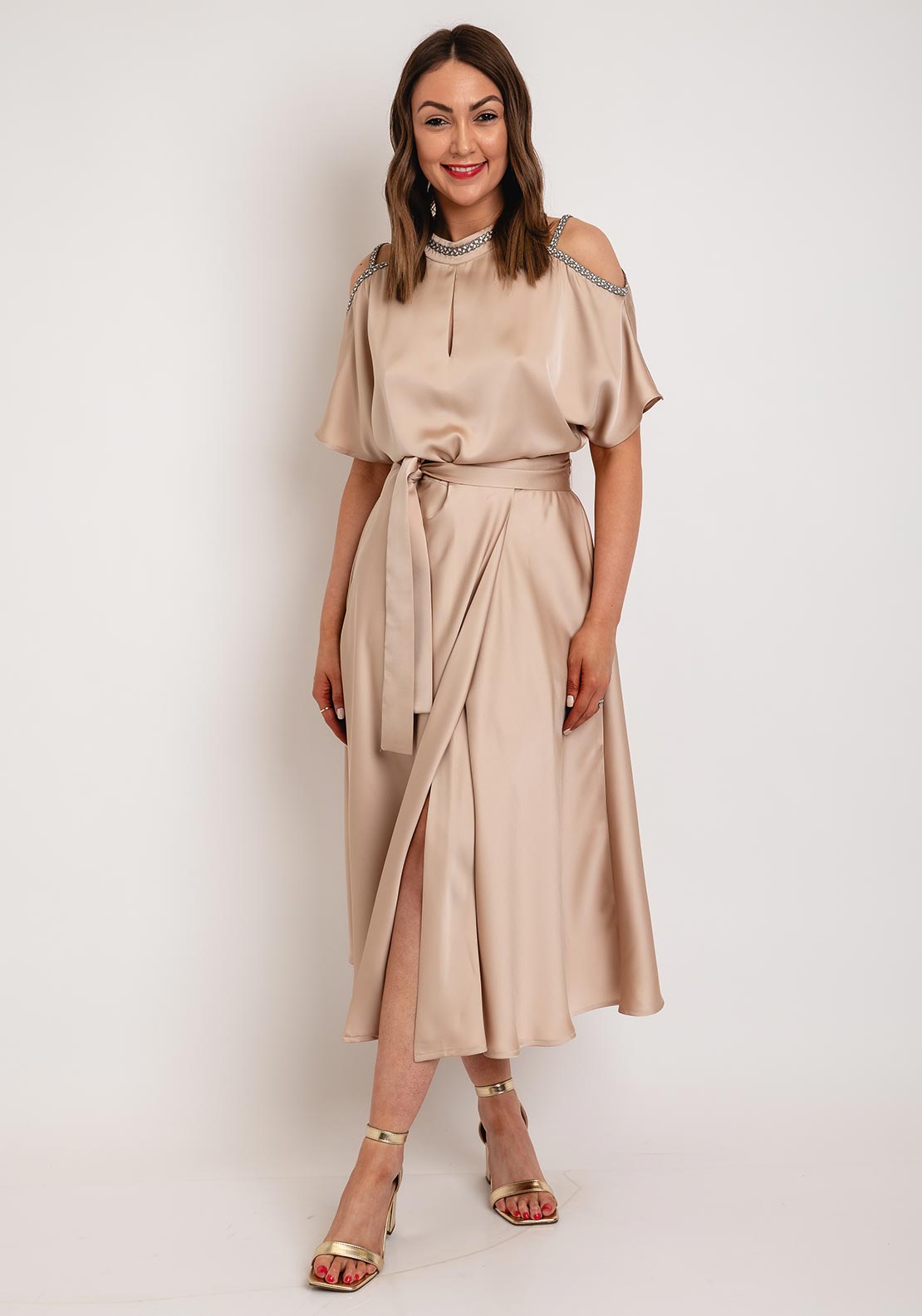 Camelot Cold Shoulder Satin Touch Midi Dress, Beige - McElhinneys