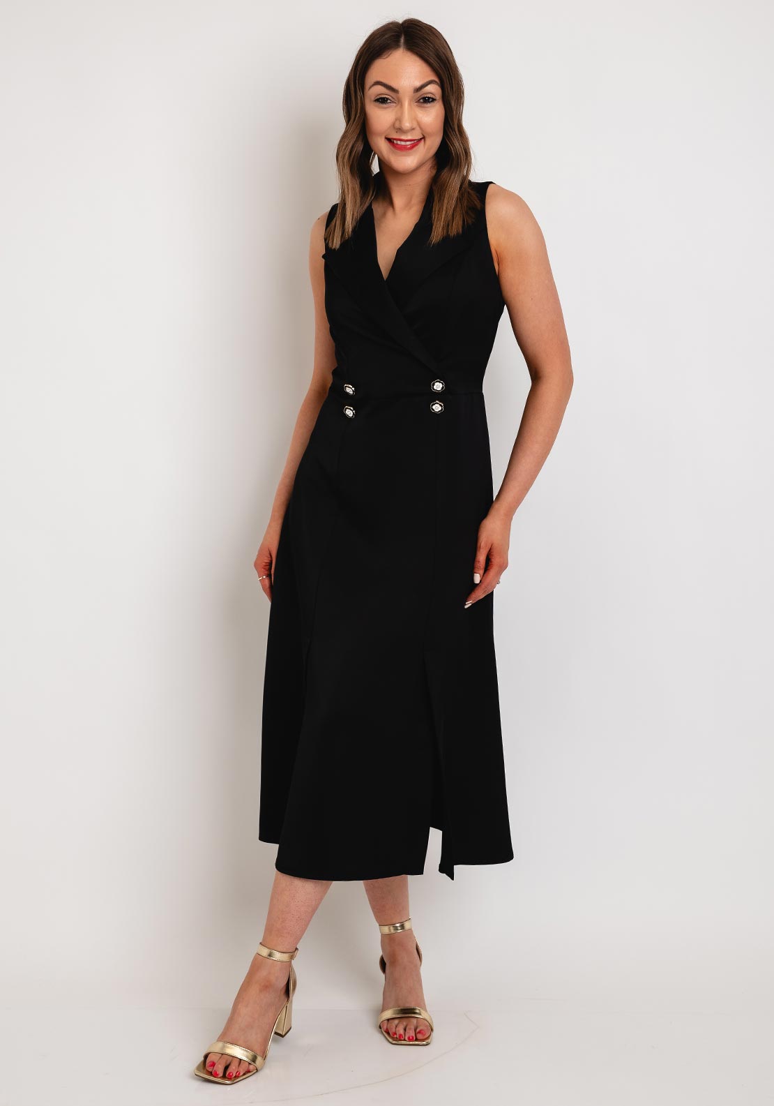 Camelot Double Breasted Satin Touch Midi Dress, Black - McElhinneys