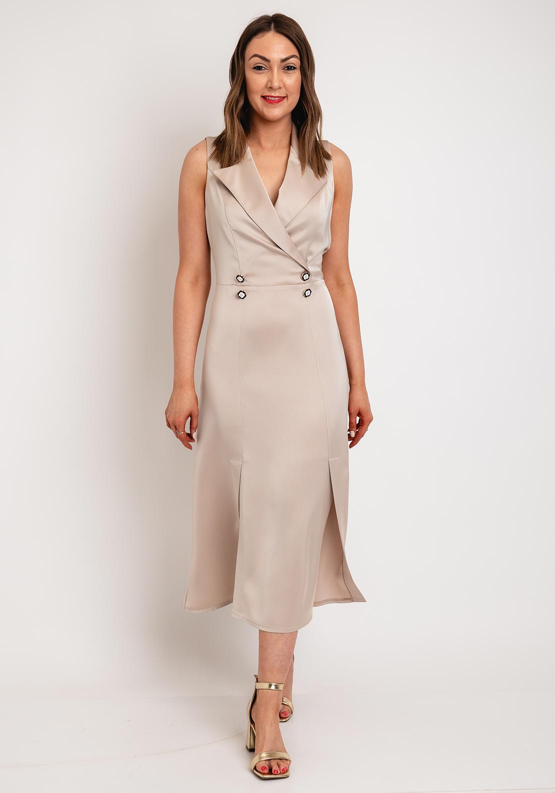 Camelot Double Breasted Satin Touch Midi Dress, Beige - McElhinneys