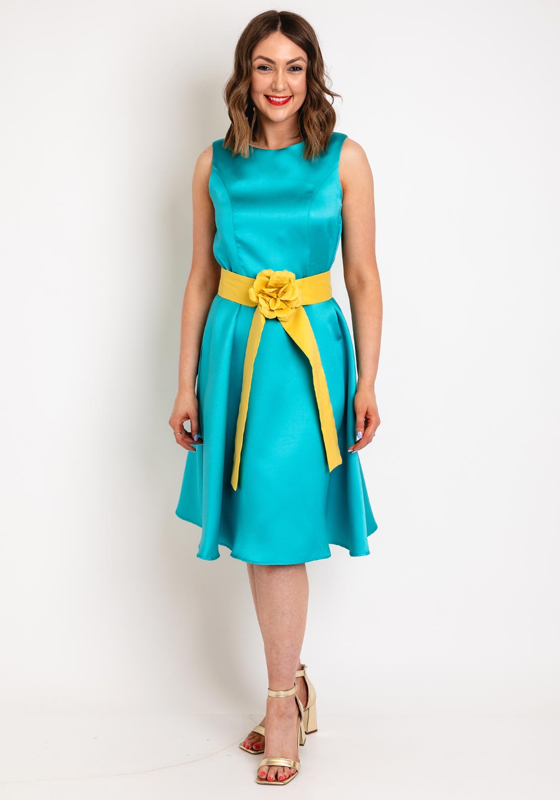 Camelot Corsage Belt A-Line Knee Length Dress, Turquoise - McElhinneys