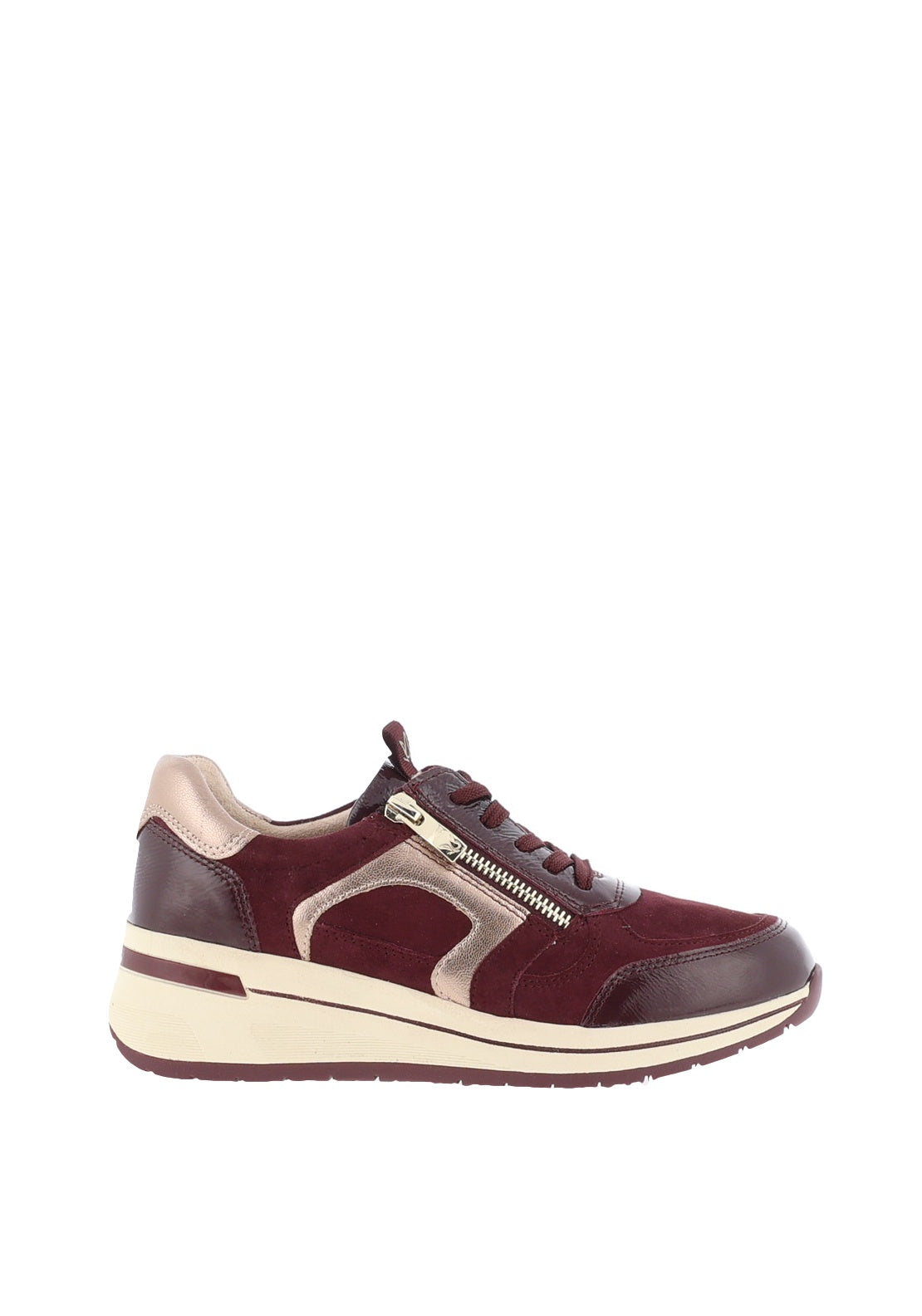 Caprice Wide Fit Metallic Zip Detail Trainers, Wine - McElhinneys
