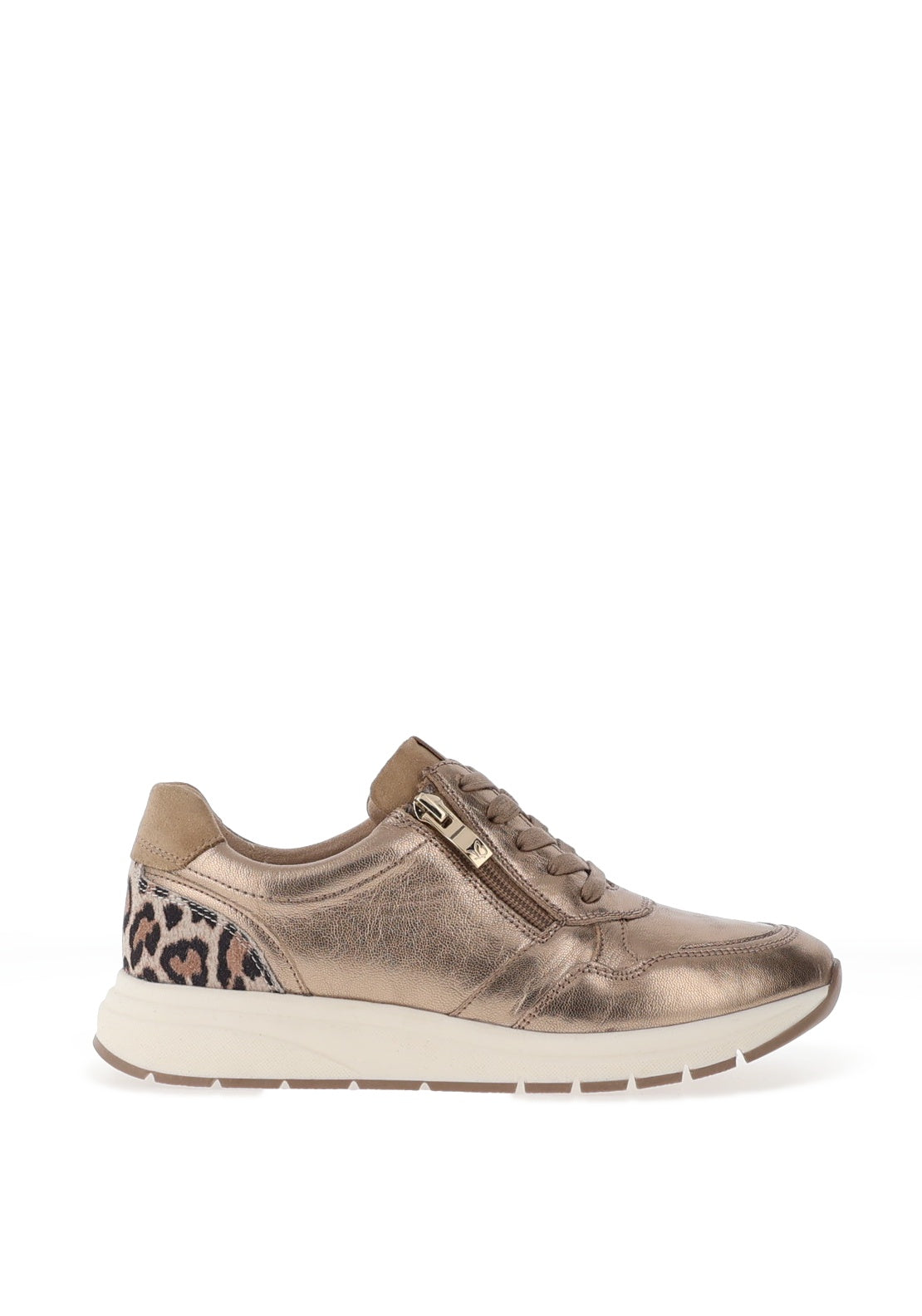 Caprice Metallic Leather Side Zip Trainers, Taupe - McElhinneys