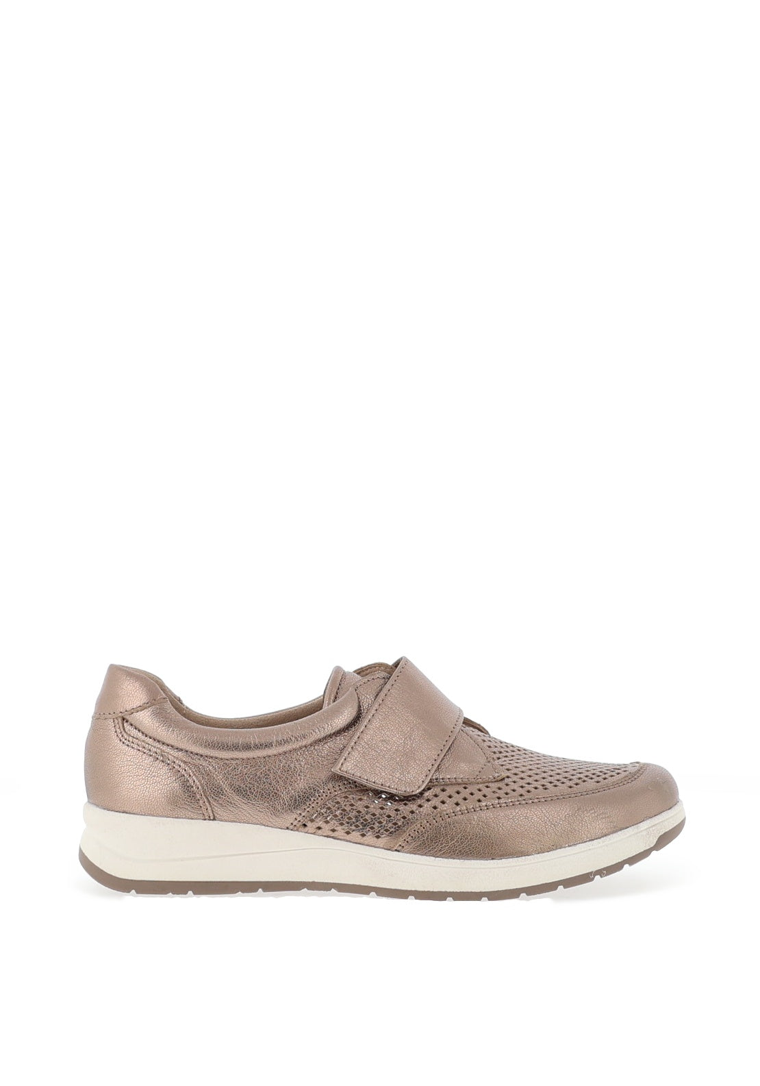 Caprice Metallic Leather Velcro Strap Shoes, Taupe Metallic - McElhinneys
