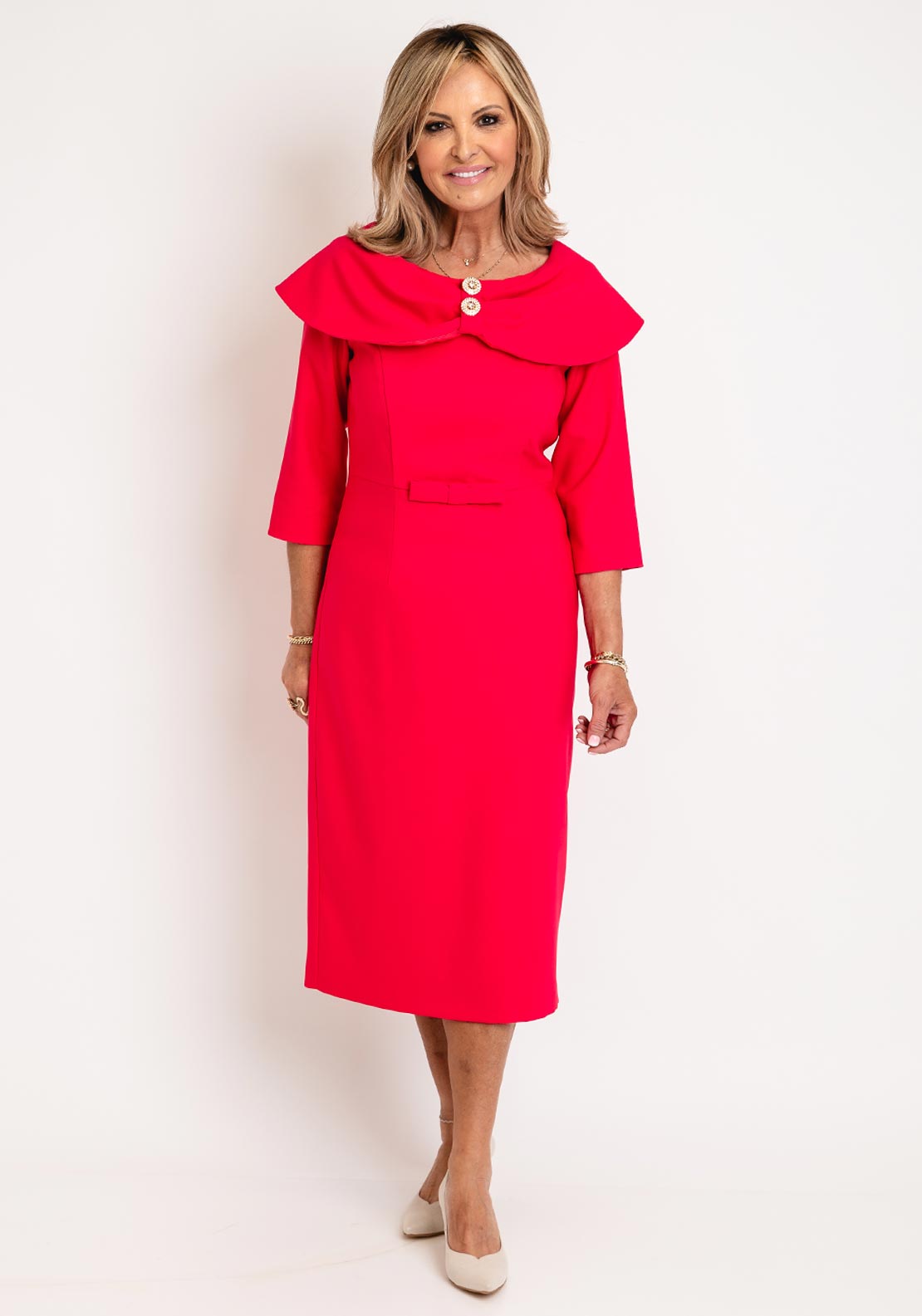 Cassandra Amara Embellished Collar Midi Dress, Pink - McElhinneys