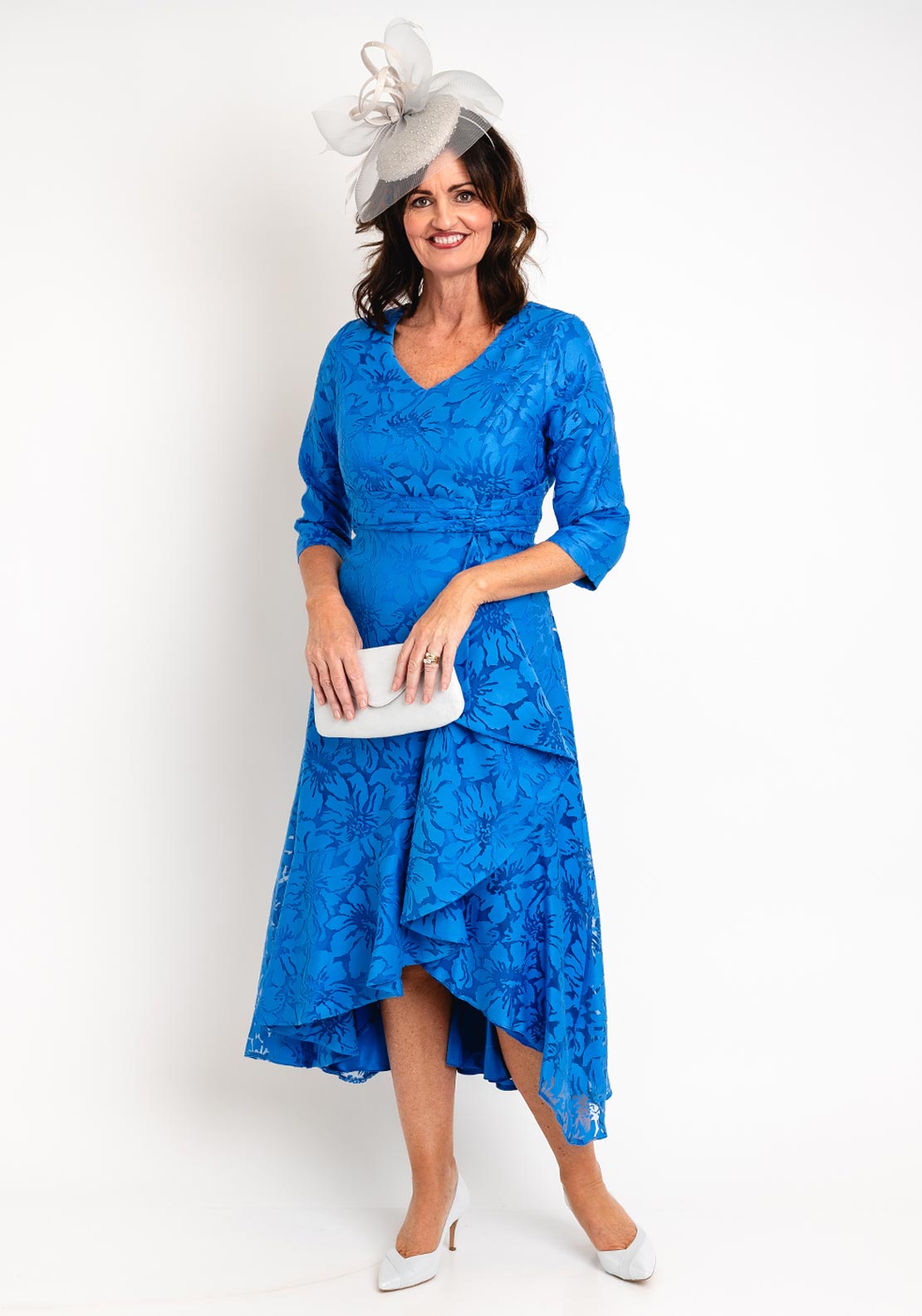 Casandra Cal Jacquard Ruffled High Low Midi Dress, Royal Blue - McElhinneys