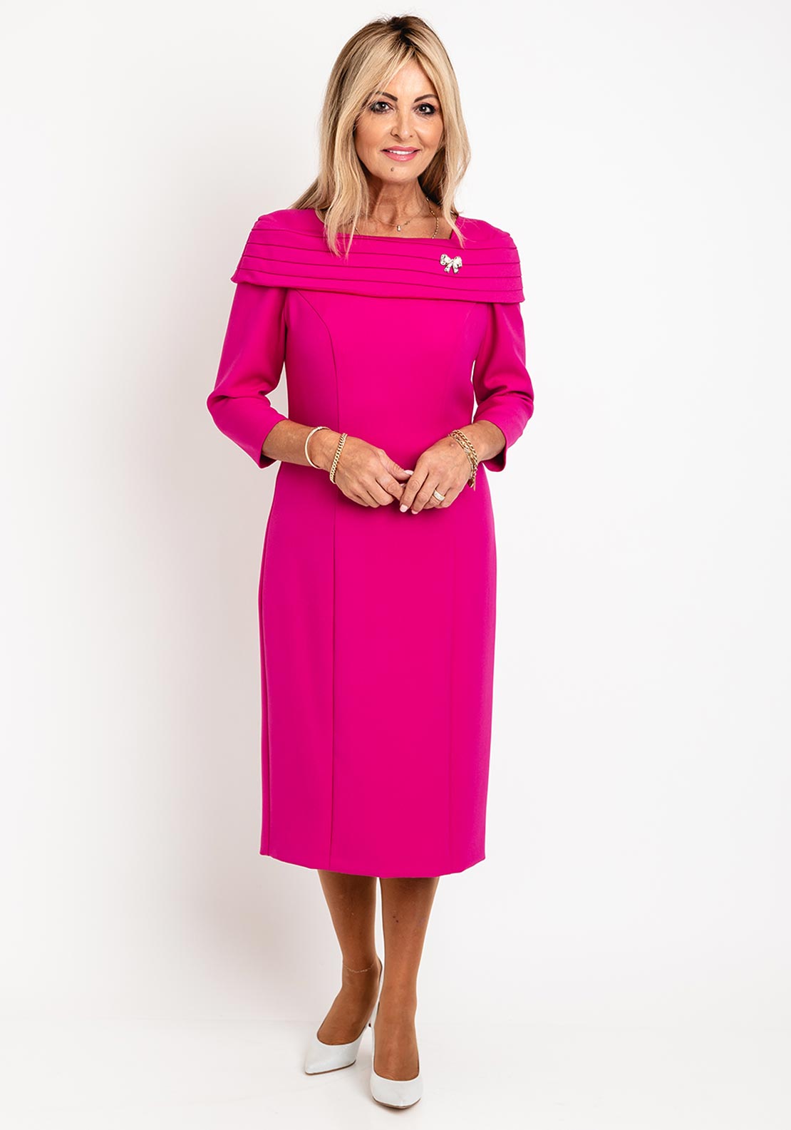 Cassandra Bardot Neckline Pencil Midi Dress, Magenta - McElhinneys