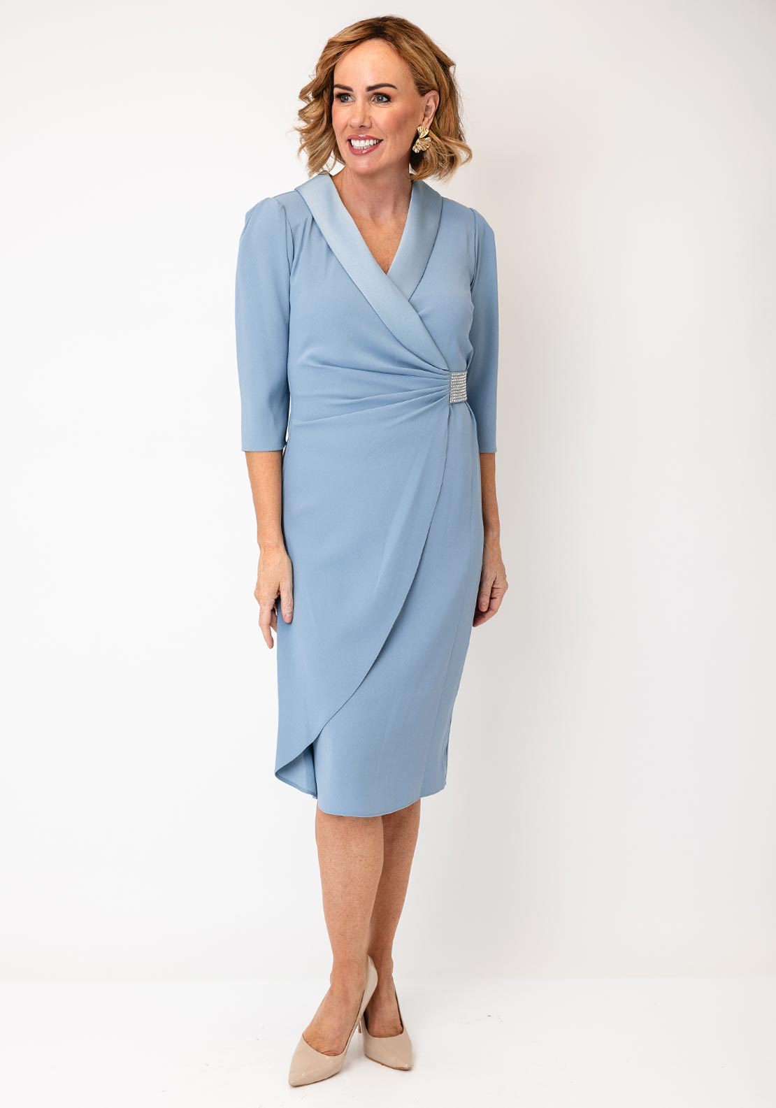 Cassandra V-Neck Embellished Detail Midi Dress, Blue - McElhinneys