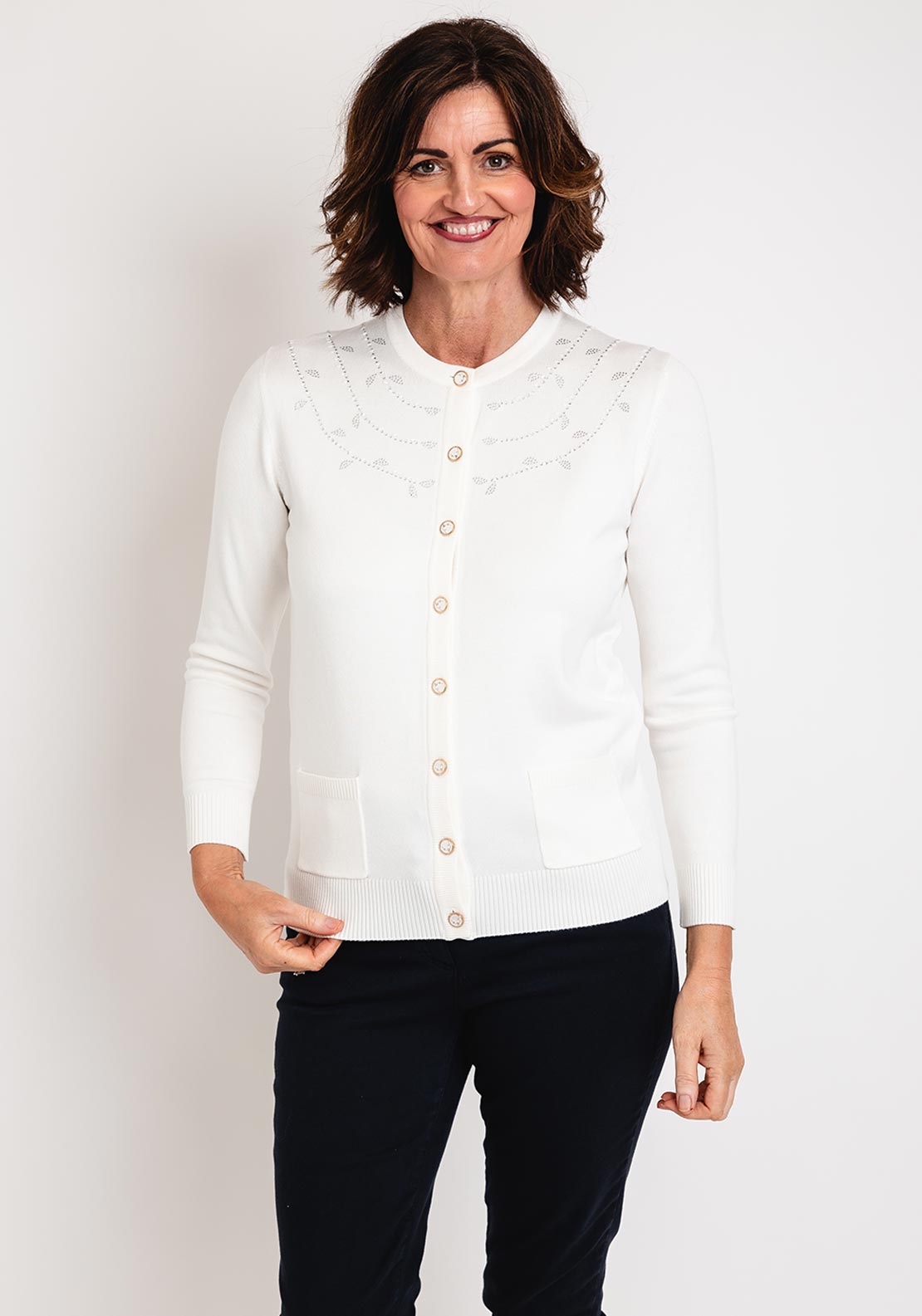 Castle of Ireland Rhinestone Pattern Cardigan, White Choc - McElhinneys
