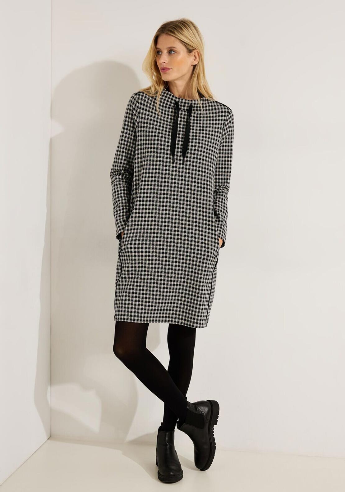 Cecil Drawstring Detail Check Knee Length Dress, Black - McElhinneys