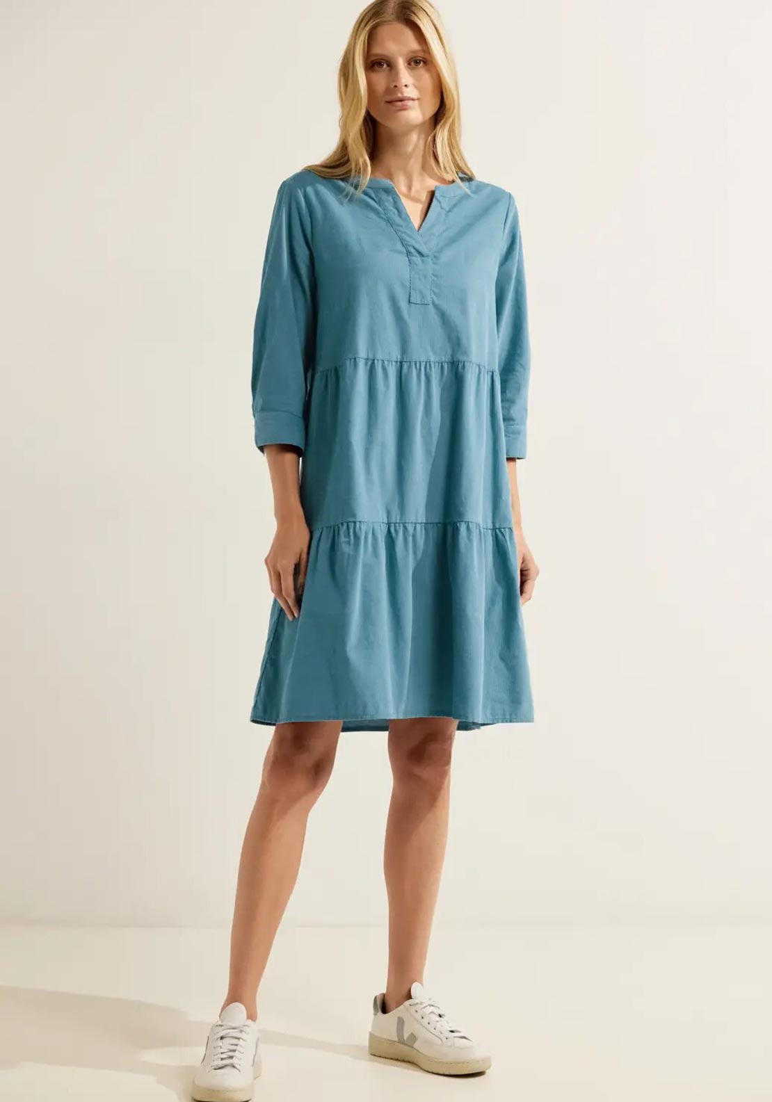 Cecil Corduroy Tiered Knee Length Dress, Adriatic Blue - McElhinneys