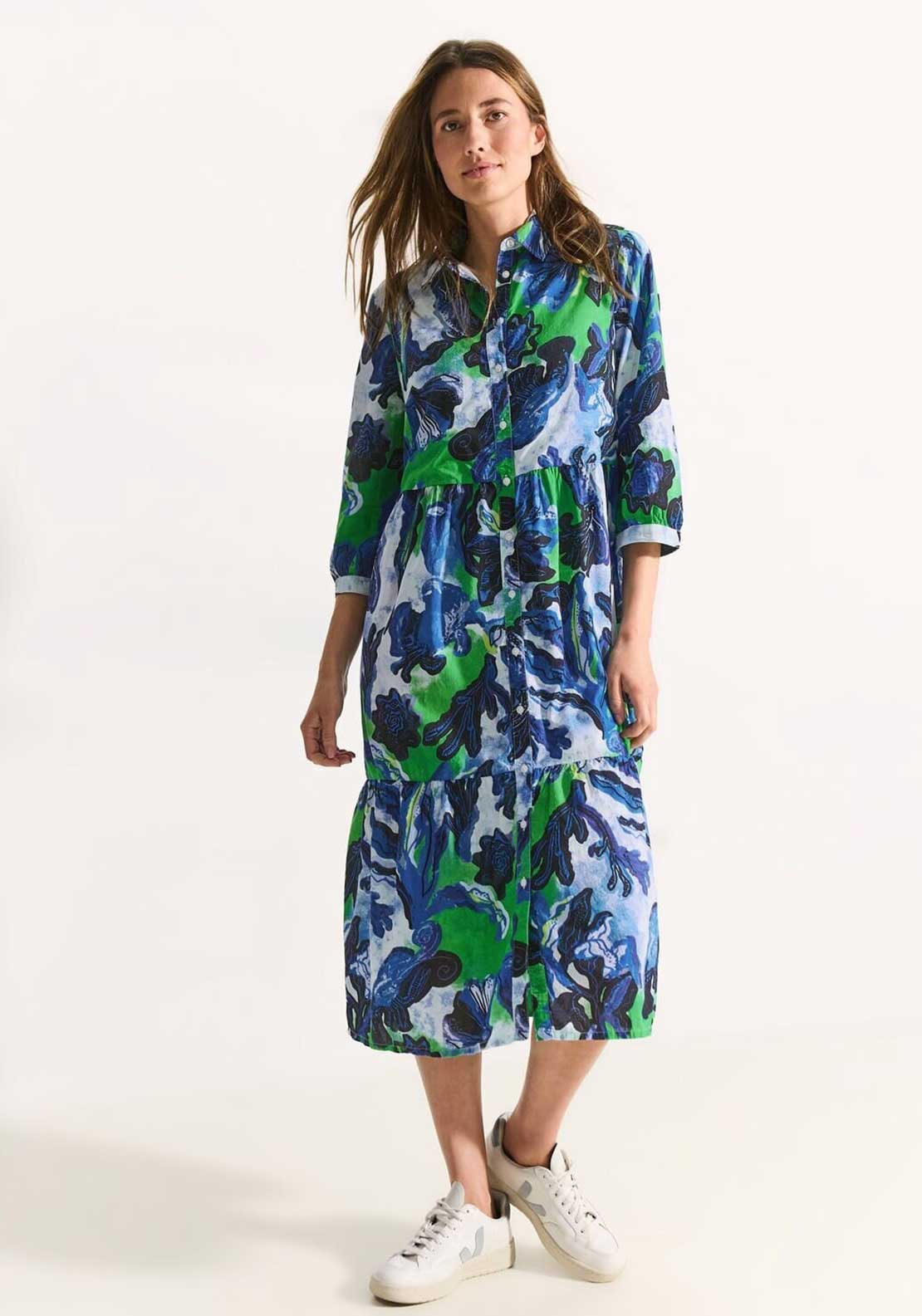 Cecil Sea Print Midi Smock Shirt Dress, Blue - McElhinneys