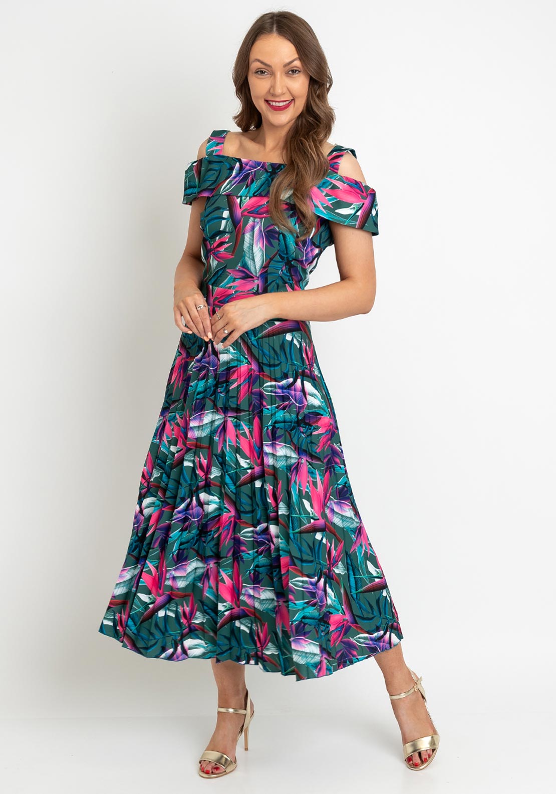 Coco Doll Floral Print Pleated Midi Dress, Green Multi - McElhinneys