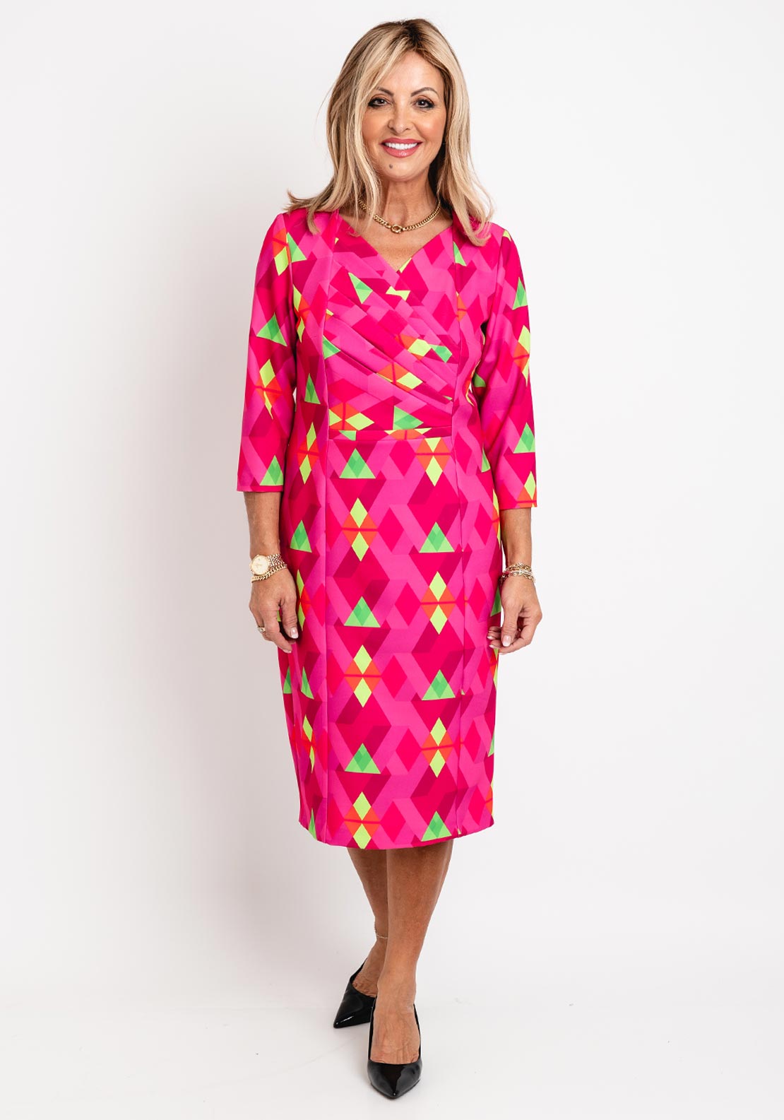 Coco Doll Pleated Chest Detail Print Midi Dress, Pink - McElhinneys