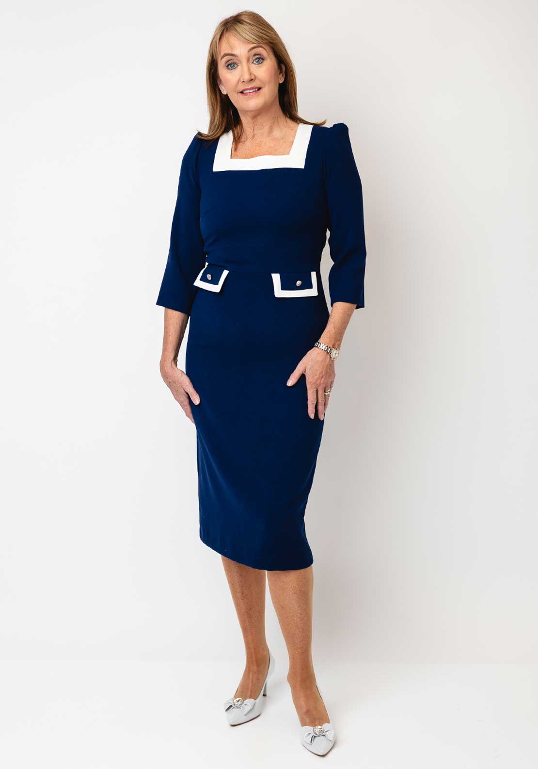 Coco Doll Faye Square Neck Pencil Midi Dress, Navy - McElhinneys