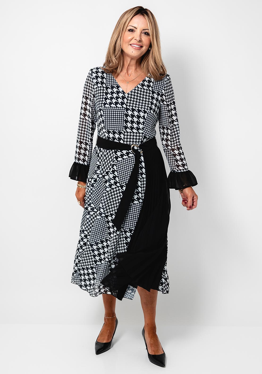 Coco Dolls Jill Houndtooth V Neck Midi Dress, Black - McElhinneys