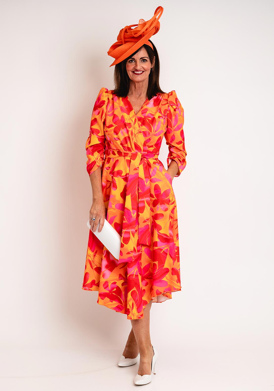 Coco Doll Ruched Sleeve Maxi Wrap Print Dress, Orange - McElhinneys