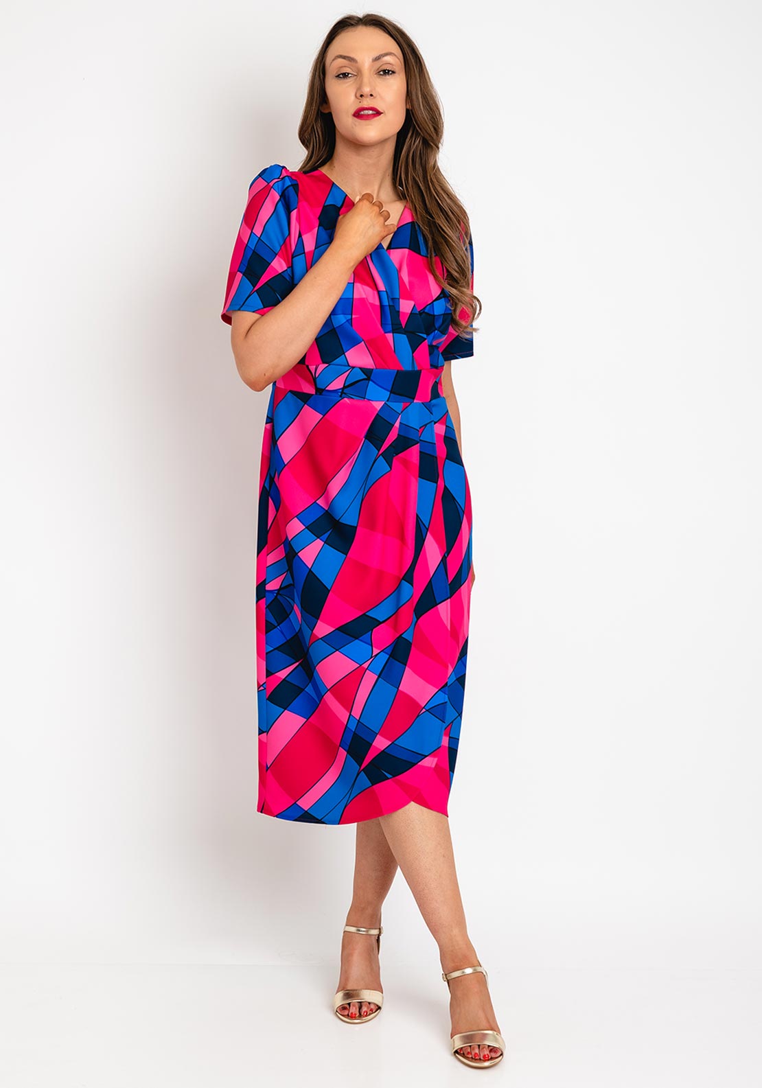 Coco Doll Toya Geometric Print Midi Dress, Pink & Blue - McElhinneys