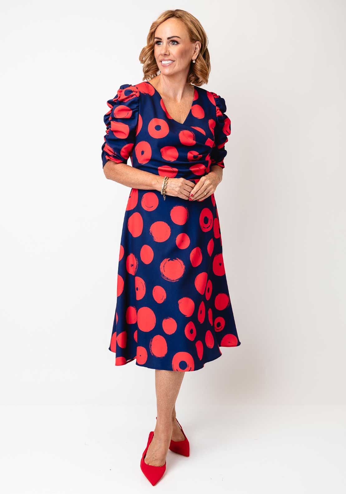 Coco Doll Veder Dot Print Belted Aline Dress, Navy and Red - McElhinneys